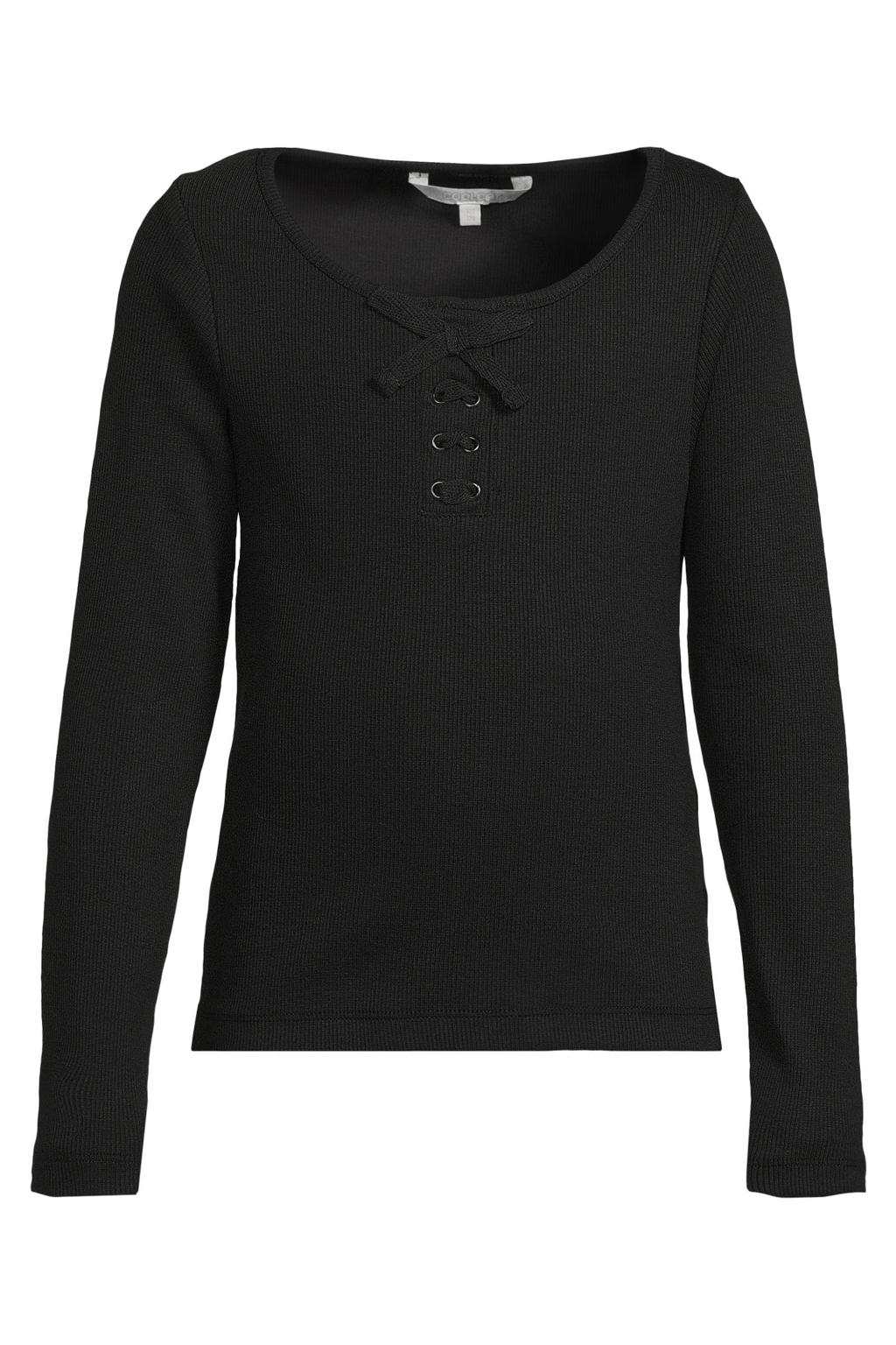 Coolcat geribde longsleeve met strikdetail leslie zwart | wehkamp