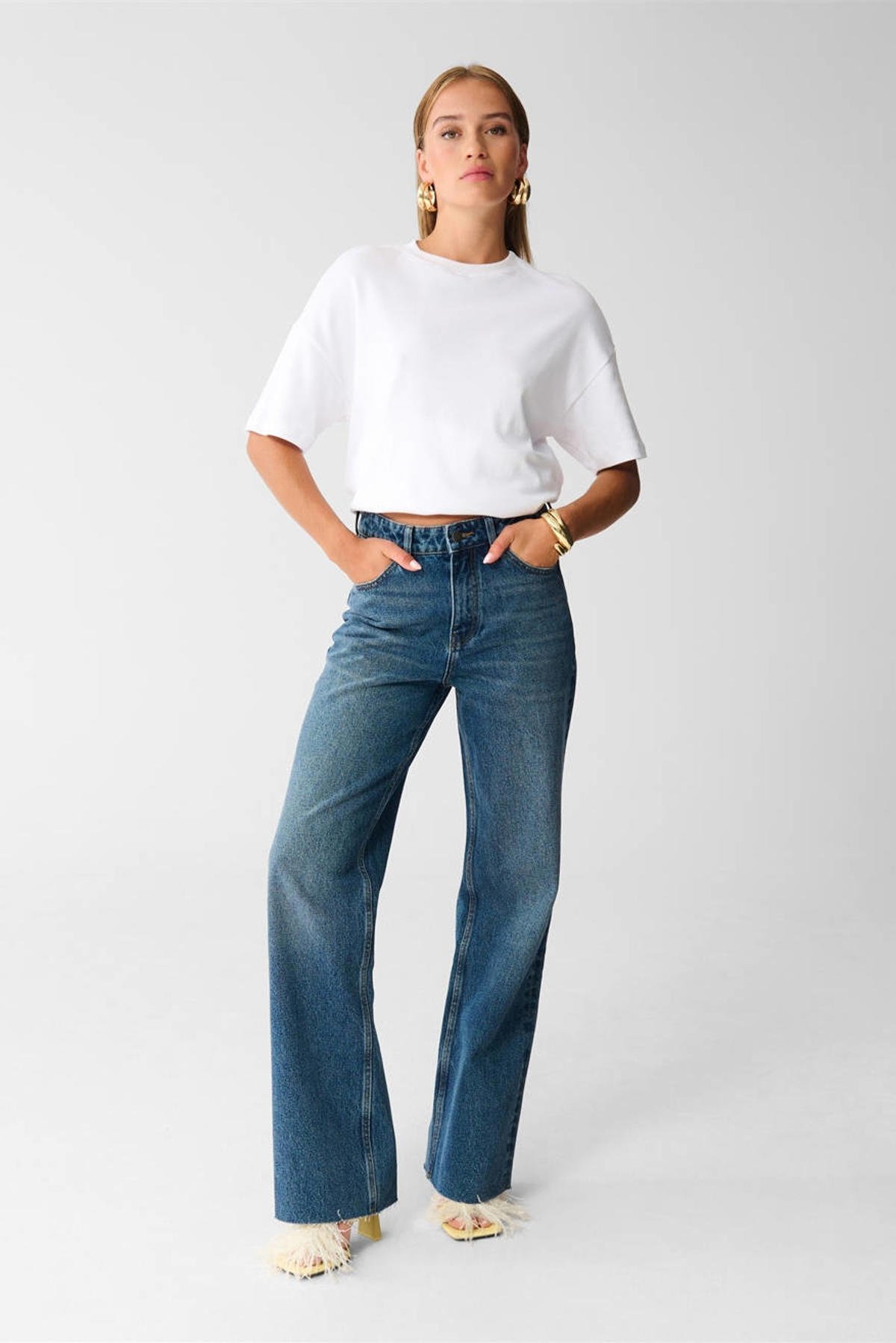 Shoeby high waist wide leg jeans dark blue denim | wehkamp