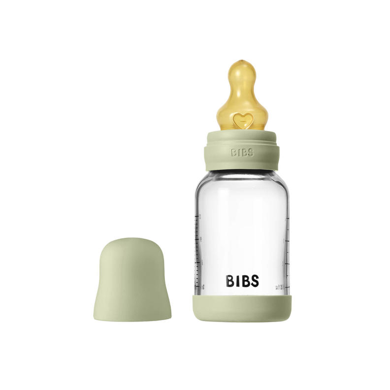 BIBS Glazen Babyfles - 120 ml - Sage - met latex speen en opvouwbare ...