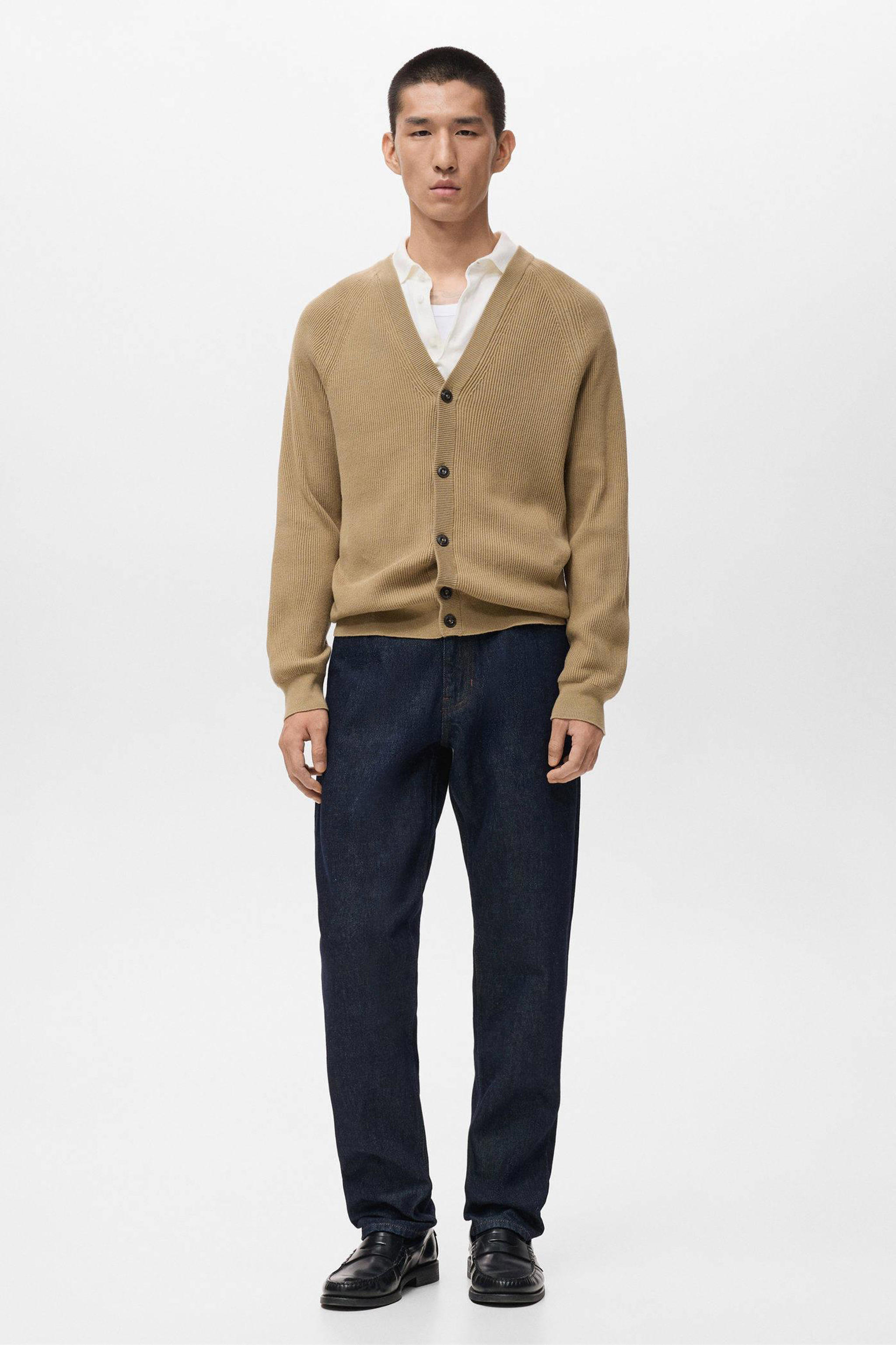 Mango Man cardigan rib gebreid beige | wehkamp