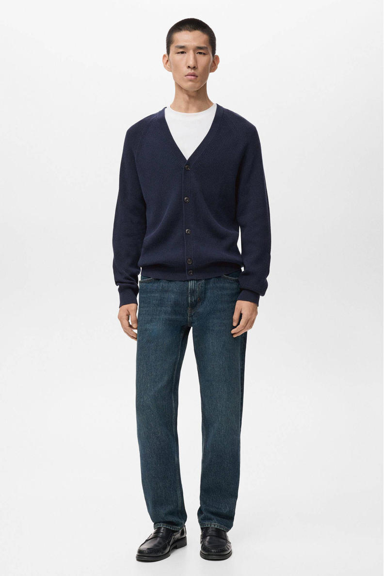 Mango Man cardigan rib gebreid donkerblauw | wehkamp