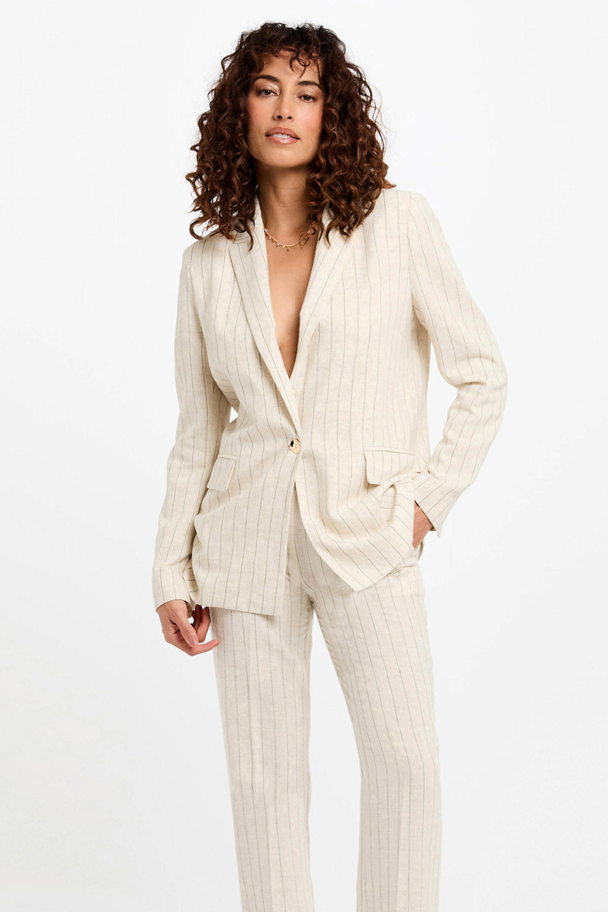 Morgan regular blazer met linnen met krijtstreep beige | wehkamp