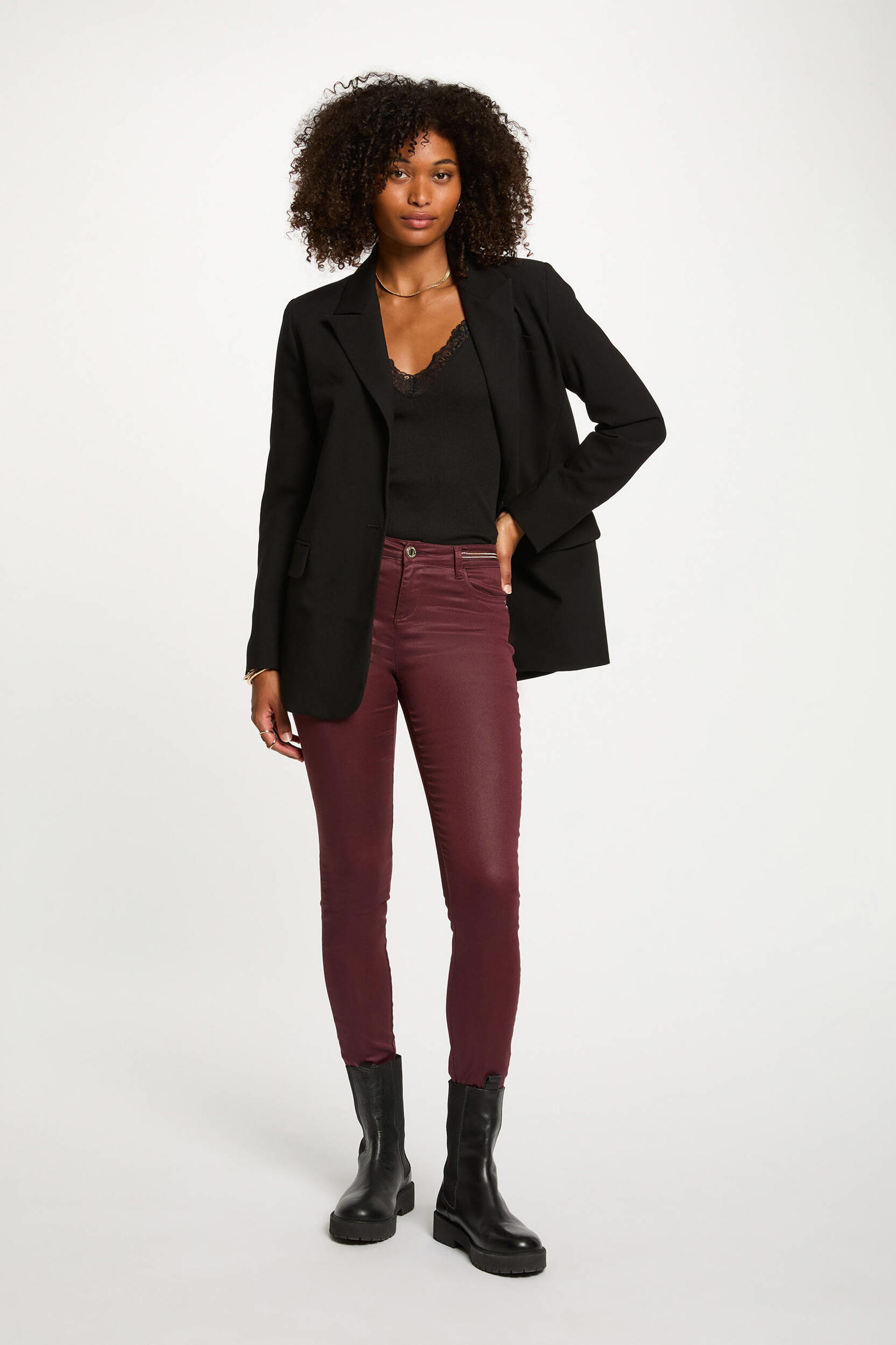 Morgan slim regular waist coated broek donkerrood | wehkamp