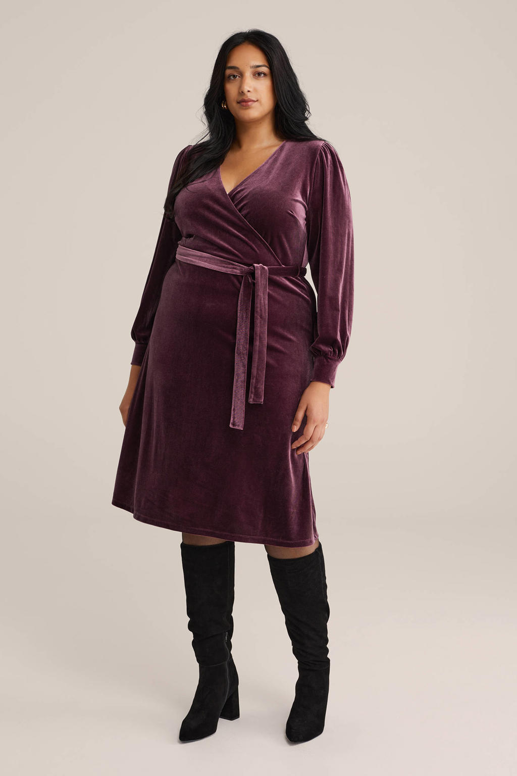 WE Fashion Curve fluweel wikkel-/overslagjurk donkerrood | wehkamp
