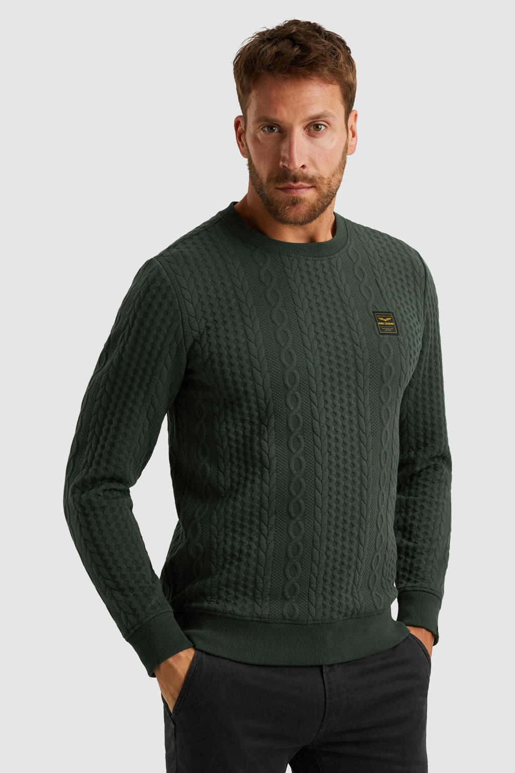 PME Legend sweater met kabels donkergroen | wehkamp
