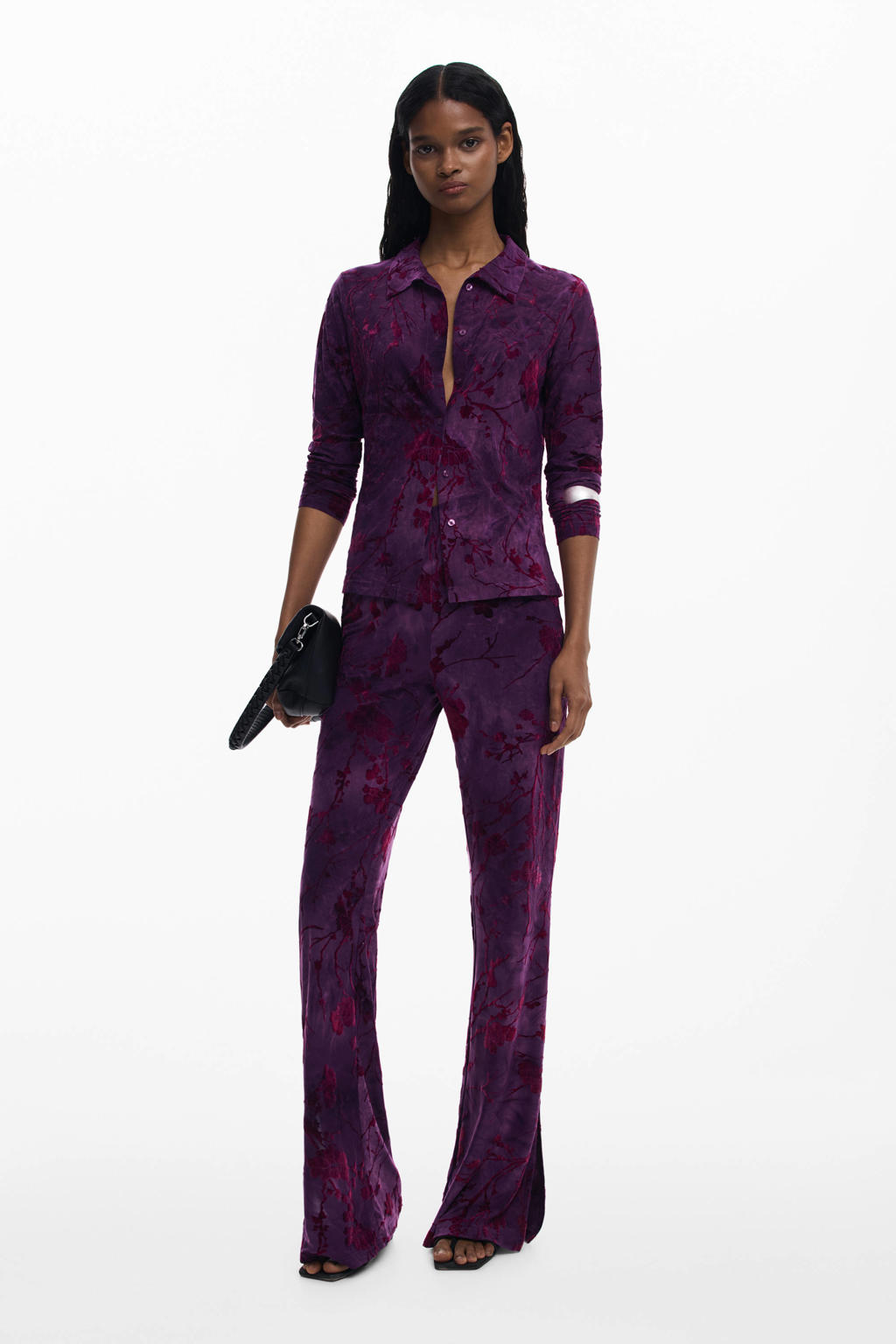 Desigual fluweel high waist gebloemde broek donkerpaars | wehkamp