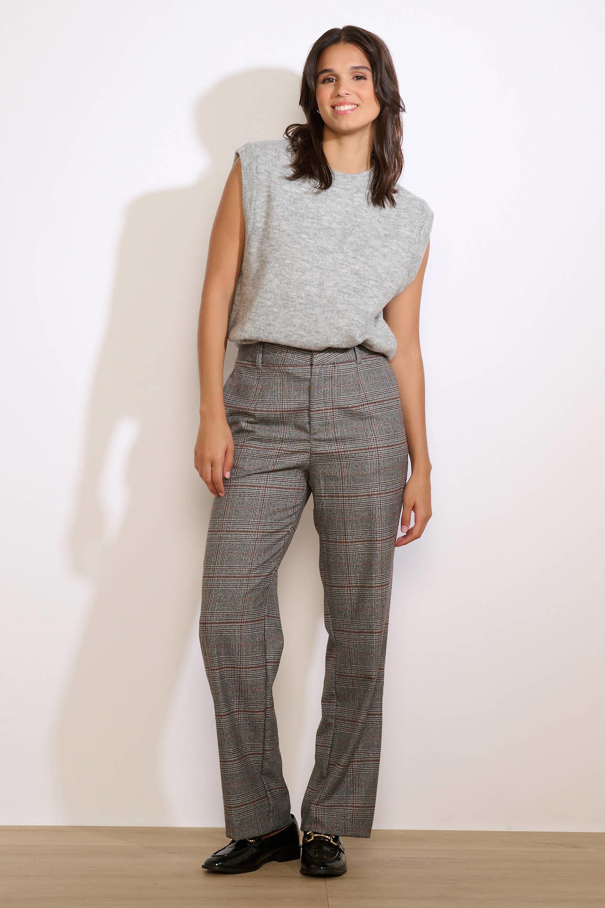 LOLALIZA wide leg high waist geruite broek grijs | wehkamp