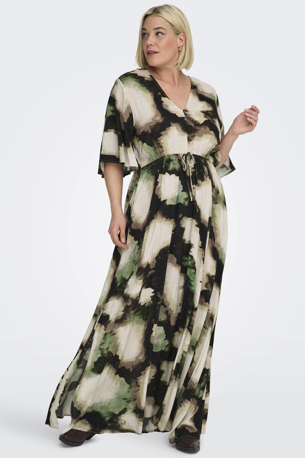ONLY CARMAKOMA mini jurk met ceintuur plooien camouflage groen | wehkamp