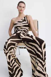 Mango wide leg high waist casual broek met zebraprint bruin | wehkamp