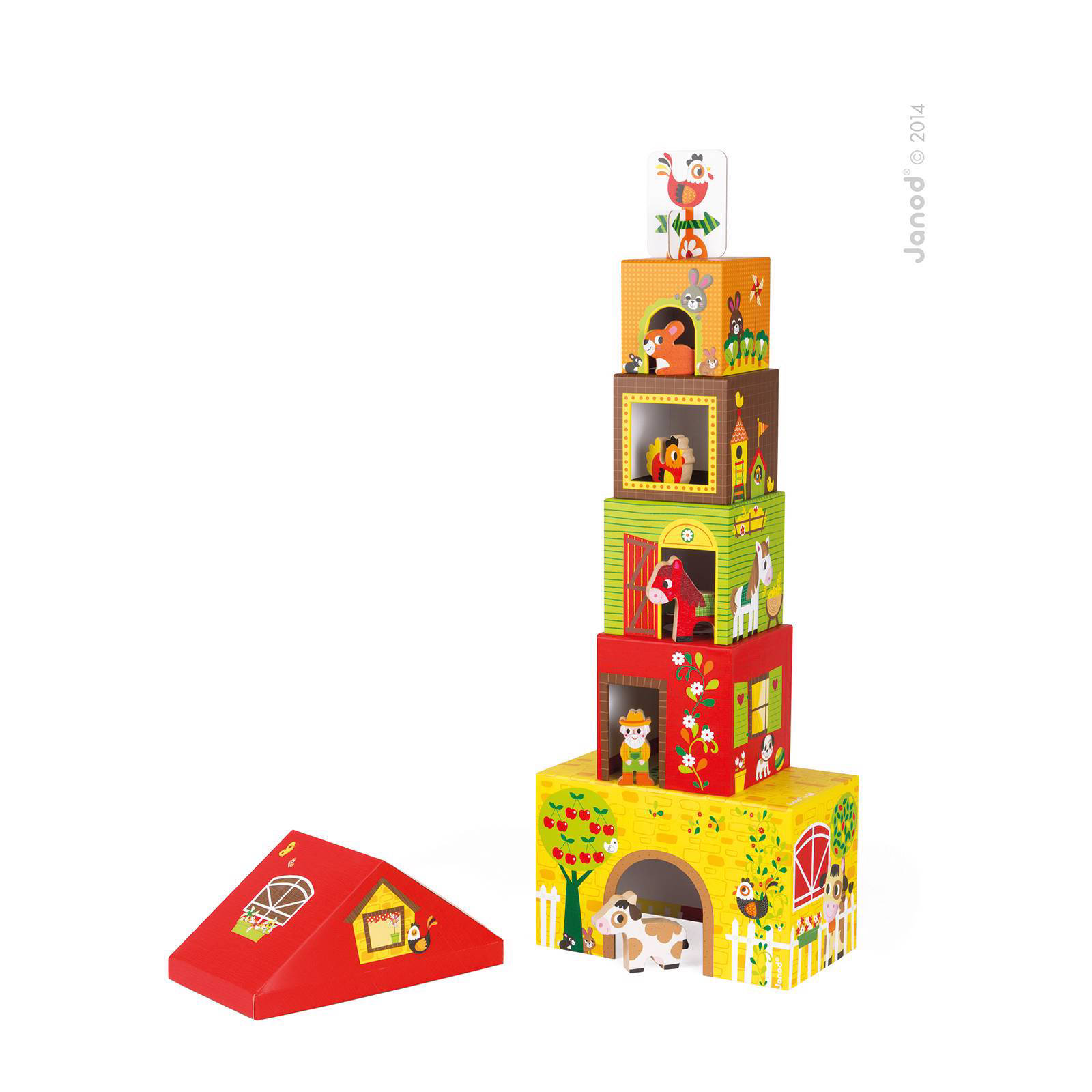 Janod ® Multikub Stapeltoren Boerderij met 5 figuren - Woodywoodtoys.nl