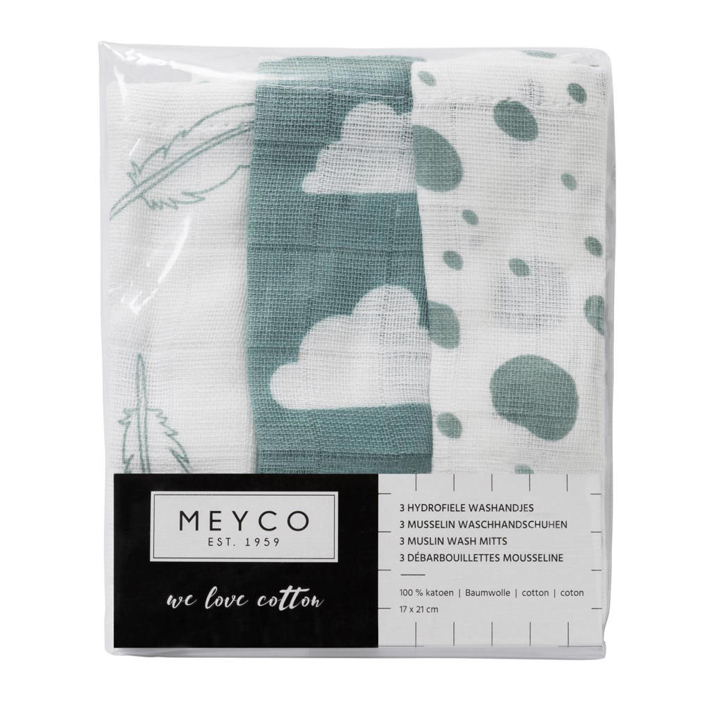 Meyco hydrofiele baby washandjes (set van 3) jade/wit | wehkamp